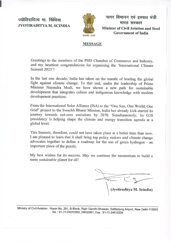 Message from Jyotiraditya Scindia – International Climate Summit 2024